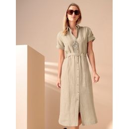 Hemdblusenkleid Heine "Kleid", Damen, Gr. 38, Normalgr&ouml;&szlig;en, sand, meliert, 55% Leinen, 45% Baumwolle, unifarben, lang, V-Ausschnitt, Kleider