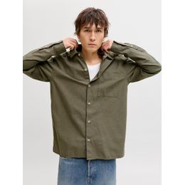 Jack & Jones Langarmhemd JACK & JONES "JJETRISTAN OVERSHIRT LS SN", Herren, Gr. M, N-Gr, dusty olive, Web, Obermaterial: 86% Baumwolle, 14% Leinen, unifarben, Hemden, mit Knopfleiste