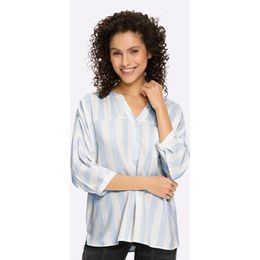 Druckbluse Heine, Damen, Gr. 38, blau (ecru, himmelblau, gestreift), 100% Viskose, bedruckt, gemustert, gestreift, mehrfarbig, Rundhals, Blusen Druckbluse