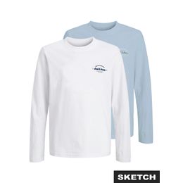 Jack & Jones Langarmshirt JACK & JONES JUNIOR "JJBRANDON TEE LS CREW NECK 2PK MP JNR", Jungen, Gr. 176, hellwei&szlig; pack:small print with celestial blau, small, Shirts Langarmshirt