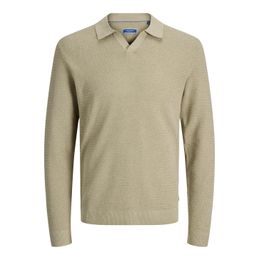 Jack & Jones Polokragenpullover JACK & JONES "JPRBLURILEY KNIT SPLIT NECK LS SN", Herren, Gr. L, lemon pepper detail:twist, Strick, Obermaterial: 100% Baumwolle, unifarben, normal, V-Ausschnitt, Pullover