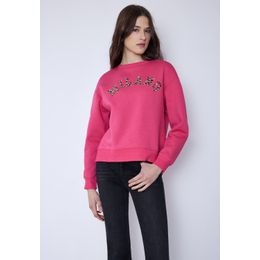 Rundhalspullover STREET ONE STUDIO, Damen, Gr. 36, schwarz candy pink, Web, 60% Baumwolle, 40% Polyester, unifarben, normal normal, Rundhals, elastischer Bund, Pullover Rundhalspullover, mit Wording