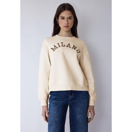 Rundhalspullover STREET ONE STUDIO, Damen, Gr. 42, soft beige, Web, 60% Baumwolle, 40% Polyester, unifarben, normal normal, Rundhals, elastischer Bund, Pullover Rundhalspullover, mit Wording