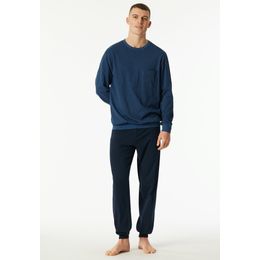 Schlafanzug Schiesser "Comfort Essentials", Herren, Gr. 48, atlantikblau, Single Jersey, Obermaterial: 100% Baumwolle, bequem lang, Rundhals, Homewear-Sets Schlafanzug, mit angenehmen B&uuml;ndchen