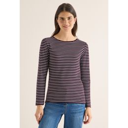 Langarmshirt Cecil, Damen, Gr. XL (44), eggplant rot, Web, 100% Baumwolle, gestreift, comfort fit normal, U-Boot-Ausschnitt, abgesteppt, Shirts Langarmshirt, aus reiner Baumwolle