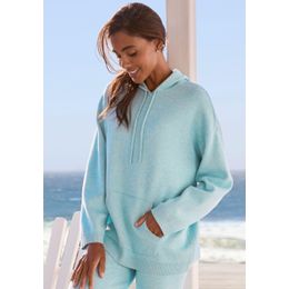Kapuzenpullover ELBSAND, Damen, Gr. 32/34, blau, Feinstrick, Obermaterial: 50% Viskose, 28% Polyester, 22% Nylon, meliert, unifarben, bequem h&uuml;ftlang, Rippstrickb&uuml;ndchen, Pullover Kapuzenpullover, aus hochwertigem Strick, Loungewear