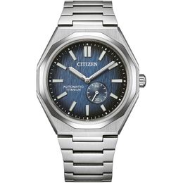 Automatikuhr Citizen "Super Titanium Zenshin 60", silber (titansilberfarben, dunkelblau), Armbanduhren, Herren, Automatikuhr, Armbanduhr, Herren, Mechanische Uhr, Titan, analog, dezentrale Sekunde