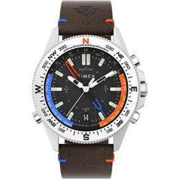 Quarzuhr Timex "TIDE/TEMP/COMPASS", braun, Armbanduhren, Herren, Quarzuhr, Armbanduhr, Herrenuhr, Datum, Leuchtzeiger, Saphirglas, Lederarmband