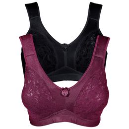 Entlastungs-BH bonprix, Damen, Gr. 95, Cup F, schwarz (schwarz, bordeaux), Obermaterial: 84% Polyamid, 16% Elasthan. Futter: 100% Polyamid. Spitze: 100% Polyamid, unifarben, BHs Entlastungs-BH, mit gepolsterten Tr&auml;gern, ohne B&uuml;gel, mit Haken & &Ouml;sen Verschluss