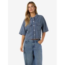 Jeansbluse Noisy may "NMENZA S/S REG CROP SHIRT MG004MB NOOS", Damen, Gr. L, medium blau denim, Denim/Jeans, Obermaterial: 100% Baumwolle, unifarben, oversize normal, Blusen Jeansbluse