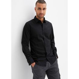 Langarmhemd bonprix, Herren, Gr. 45/46 (XXL), N-Gr, schwarz, Obermaterial: 72% Baumwolle, 26% Polyamid, 2% Elasthan, unifarben, festlich, slim fit, Hemden Langarmhemd, schmale Passform, aus Baumwolle, Polyamid und Elasthan, Kentkragen
