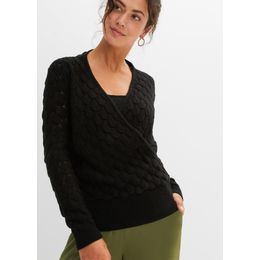 Strickpullover bonprix, Damen, Gr. 44/46 (L), schwarz, Obermaterial: 100% Polyacryl, loose fit, Pullover Strickpullover, aus Polyacryl, mit Wickeloptik, mit Ajour-Strick, lockere Passform