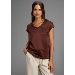 Shirtbluse Laura Scott, Damen, Gr. 42, braun, Jersey, Obermaterial: 100% Polyester. R&uuml;ckenteil: 95% Viskose, 5% Elasthan, leicht gl&auml;nzend, unifarben, Basic, figurumspielend h&uuml;ftbedeckend, V-Ausschnitt, Blusen, Satin-Bluse mit Jersey-R&uuml;ckenteil und Bindeband