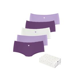 Panty Lascana "Valentines Geschenk Box", Damen, Gr. 40/42, lila (lila, flieder, creme), Single Jersey, Obermaterial: 95% Baumwolle, 5% Elasthan. Spitze: 90% Polyamid, 10% Elasthan, bedruckt, gemustert, unifarben mit Farbeins&auml;tzen, k&ouml;rpernah, Unterhosen Panty, mit s&uuml;&szlig;en Herzchen-Prints und aus elastischer Baumwoll-Qualit&auml;t