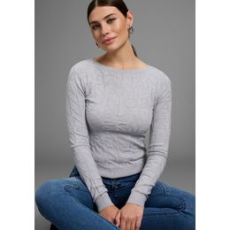 Strickpullover Bruno Banani, Damen, Gr. 46, grau, melange, Obermaterial: 50% Viskose, 28% Polyester, 22% Polyamid, Intarsienmuster, gemustert, meliert, unifarben, figurbetont h&uuml;ftlang, U-Boot-Ausschnitt, Rippb&uuml;ndchen, Pullover Strickpullover, mit Marken-Strickmuster
