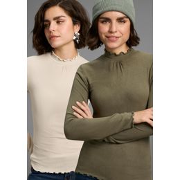 Longsleeve Laura Scott, Damen, Gr. 36/38, gr&uuml;n (sand, oliv), Rippware, Obermaterial: 95% Viskose, 5% Elasthan, clean, unifarben, Basic, figurbetont h&uuml;ftbedeckend, Shirts, gerippt mit R&uuml;schen