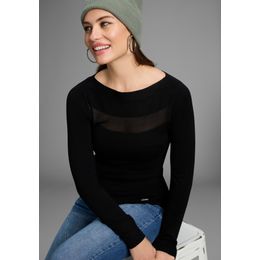 Strickpullover Bruno Banani, Damen, Gr. 40, schwarz, Strick, Obermaterial: 70% Viskose, 30% Polyamid, Mesh, unifarben, figurbetont h&uuml;ftbedeckend, U-Boot-Ausschnitt, Rippb&uuml;ndchen, Pullover Strickpullover, mit Mesh-Einsatz