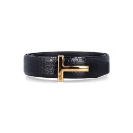 Tom Ford G&uuml;rtel - Croc-Embossed Leather T Buckle Belt - Gr. 90 - in Schwarz - f&uuml;r Damen