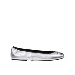 Tory Burch Reva Travel Leather Ballerina Flats In Silver - Gr. 7_5 - in Wei&szlig;