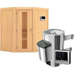 Karibu Sauna Tonja, Easy Finnisch 3,6 kW Ofen, Holzt&uuml;r mit Isolierglas,Klarglas,ohne Dachkranz