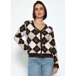 SASSYCLASSY Strickjacke mit Rautenmuster und Spitzenborte in Braun | Gr.: S