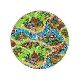 Snapstyle Kinder Spiel Stra&szlig;en Teppich Dino Welt Rund in Groen | Gr.: 200x200 cm