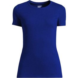 LANDS' END Feinripp-Shirt mit Rundhalsausschnitt und kurzen &Auml;rmeln, Damen,  Blau, Baumwolle/Elasthan, by Lands' End