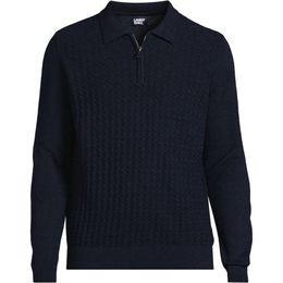 LANDS' END Feinstrick-Pullover mit Polokragen und Rei&szlig;verschluss, Herren,  Blau, Baumwolle, by Lands' End