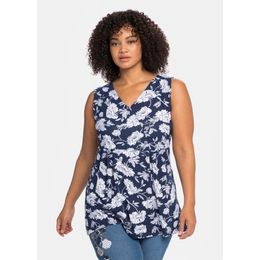 Longtop sheego by Joe Browns, Damen, Gr. 50, blau (blau bedruckt), 95% Viskose, 5% Elasthan, Spitze:100% Baumwolle, gebl&uuml;mt, gemustert, V-Ausschnitt, Tops