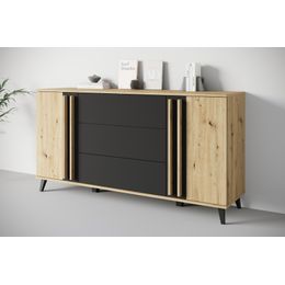 Sideboard Home Affaire "Helsinki, Kommode mit 2 T&uuml;ren und 3 Schubladen, Breite 150 cm", schwarz (eichefarben artisan, graphite schwarz matt), B:150cm H:77,8cm T:39,5cm, Holzwerkstoff, Sideboards, Sideboard, Push-to-Open-Schubladen, h&ouml;henverstellbare Einlegeb&ouml;den