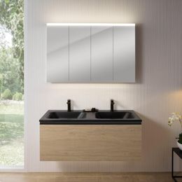 rivea Dia Unterschrank B: 121 cm mit 1 Auszug, Doppelwaschtisch mit 2 Hahnl&ouml;chern schwarz matt, mit n50 Spiegelschrank f&uuml;r die Schweiz,,