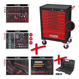 KS Tools Werkstattwagen ECOline aus Stahl mit 7 Schubladen und 515 Premium-Werkzeugen schwarz-rot, 8977515 (897.7515)
