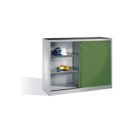 C+P Werkzeug-Beistellschrank mit Schiebet&uuml;ren, innen 2 x 2 B&ouml;den, H1200xB1600xT400mm Front Resedagr&uuml;n Korpus Lichtgrau ; C + P M&ouml;belsysteme (2147-09|S10023)