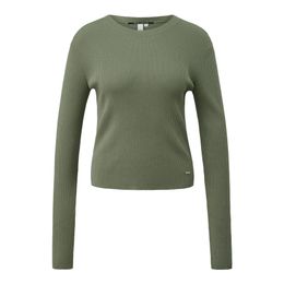 Rundhalspullover QS, Damen, Gr. L (40), khaki, Feinripp, Obermaterial: 70% Viskose, 30% Polyamid, unifarben, normal h&uuml;ftbedeckend, Rundhals, Pullover Rundhalspullover, mit Rundhals und Feinripp, langarm