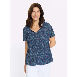 Schlupfbluse Classic Basics, Damen, Gr. 44, jeansblau, fuchsia, bedruckt, 100% Polyester, gebl&uuml;mt, gemustert, mehrfarbig, Rundhals, Blusen Schlupfbluse