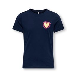 T-Shirt KIDS Only "KOGLANY-NINA LIFE LOVE S/S TOP FR JRS", M&auml;dchen, Gr. 110/116, navy blazer print:walking heart, pink yarrow, gold, Jersey, Obermaterial: 100% Baumwolle, unifarben, Basic normal, Rundhals, Shirts T-Shirt, mit unterschiedlichen Motiven - je nach Bodyfarbe