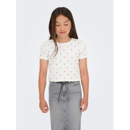 T-Shirt KIDS Only "KOGBELLA LIFE SHORT AOP S/S TOP JRS NOOS", M&auml;dchen, Gr. 110/116, cloud dancer detail:schwarz hearts, Feinripp, Obermaterial: 95% Baumwolle, 5% Elasthan, Minimalmuster, bedruckt, figurbetont taillenbedeckt, Rundhals, Shirts T-Shirt