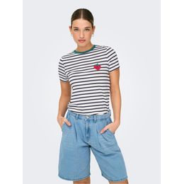 Kurzarmshirt Only "ONLHEART LIFE S/S TEE JRS NOOS", Damen, Gr. XS, cloud dancer stripes strawberry, Jersey, Obermaterial: 95% Viskose, 5% Elasthan, gestreift, regular fit normal, Rundhals, Shirts