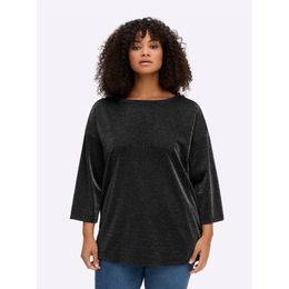 Sweatshirt sheego, Damen, Gr. 44/46, schwarz, 43% Viskose, 41% Polyamid, 9% metallisierte Fasern, 7% Elasthan, unifarben, U-Boot-Ausschnitt, Sweatshirts Sweatshirt