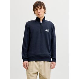 Jack & Jones Sweater JACK & JONES "JJBRANDON SWEAT HALF ZIP", Herren, Gr. XS, navy blazer, angeraute Sweatware, Obermaterial: 65% Polyester, 35% Baumwolle, unifarben, regular fit, hoch geschlossener Ausschnitt, Rippb&uuml;ndchen, Sweatshirts Sweater
