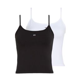 Tanktop Tommy Jeans "TJW 2PACK ESSENTIAL STRAP TOP", Damen, Gr. M (38), schwarz-wei&szlig; (wei&szlig;, schwarz), Jersey, Obermaterial: 95% Baumwolle, 5% Elasthan, unifarben, figurbetont kurz, eckiger Ausschnitt, Tops Tanktop, mit Logo-Flag