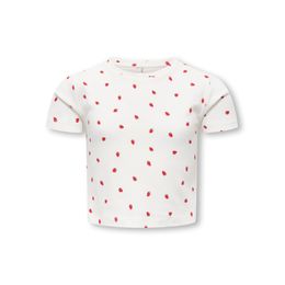 T-Shirt KIDS Only "KOGBELLA LIFE SHORT AOP S/S TOP JRS NOOS", M&auml;dchen, Gr. 110/116, cloud dancer aop:strawberries, Feinripp, Obermaterial: 95% Baumwolle, 5% Elasthan, Minimalmuster, bedruckt, figurbetont taillenbedeckt, Rundhals, Shirts T-Shirt