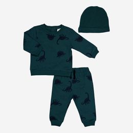 3-teiliges dunkelgr&uuml;nes Babykleidungsset mit Dino-Muster