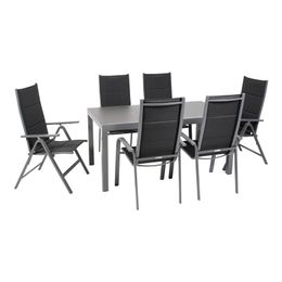 Greemotion Gartenm&ouml;bel-Set Grenada 6, 7-teilig, rechteckiger Tisch, Klappsessel, Stapelst&uuml;hle, Aluminium, Textilene, schwarz, Glas-Tischplatte, f&uuml;r Garten, Terrasse, Wintergarten