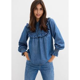 bonprix Jeansbluse mit R&uuml;schen, blau, Gr.48, Lockere Jeansbluse mit R&uuml;schen, 100% Baumwolle (organic)