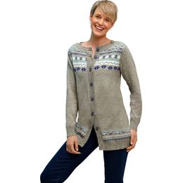 Damen Longstrickjacke im Norweger-Muster oliv-royalblau-gemustert, Gr&ouml;&szlig;e 54