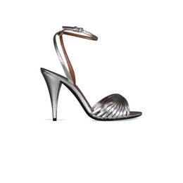 SAINT LAURENT Sandalen - Silver Metallic Leather Sandals With Overlapping S - Gr. 36 (EU) - in Grau - f&uuml;r Damen