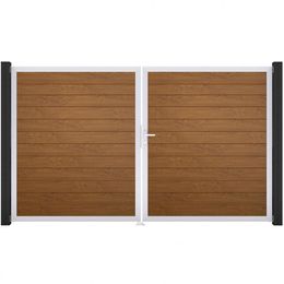 GroJa Doppeltor BasicLine schmal PVC-Steckzaun Golden Oak , DIN Rechts, Silber EV1
