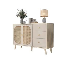 ABRIHOME Sideboard in Cremewei&szlig; mit Rattant&uuml;ren und 3 Schubladen 120x40cm | Gr.: onesize