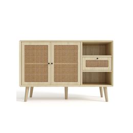 ABRIHOME Sideboard in Eiche mit Rattanfront und Magnett&uuml;ren 120x40 cm und Schwarz Metall | Gr.: onesize